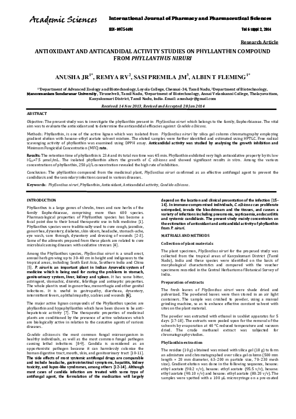 (PDF) ANTIOXIDANT AND ANTICANDIDAL ACTIVITY STUDIES ON PHYLLANTHIN ...