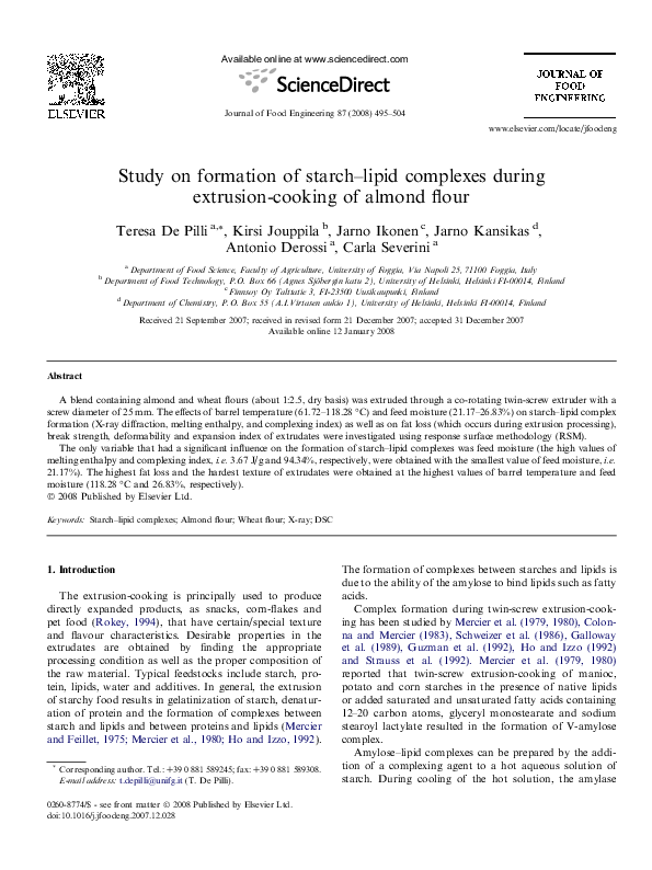 (PDF) Study on formation of starch–lipid complexes during extrusion-cooking of almond flour