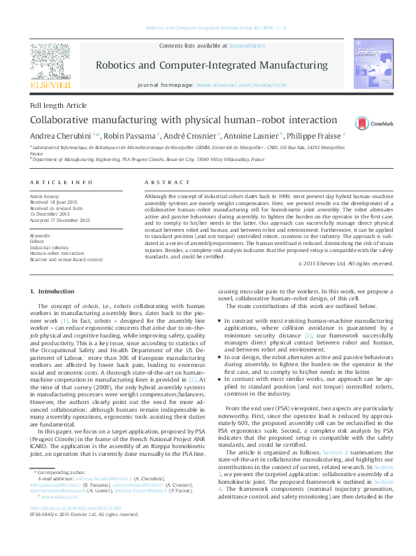 (PDF) Collaborative manufacturing with physical human–robot interaction