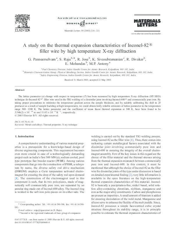 (PDF) A study on the thermal expansion characteristics of Inconel-82 ...