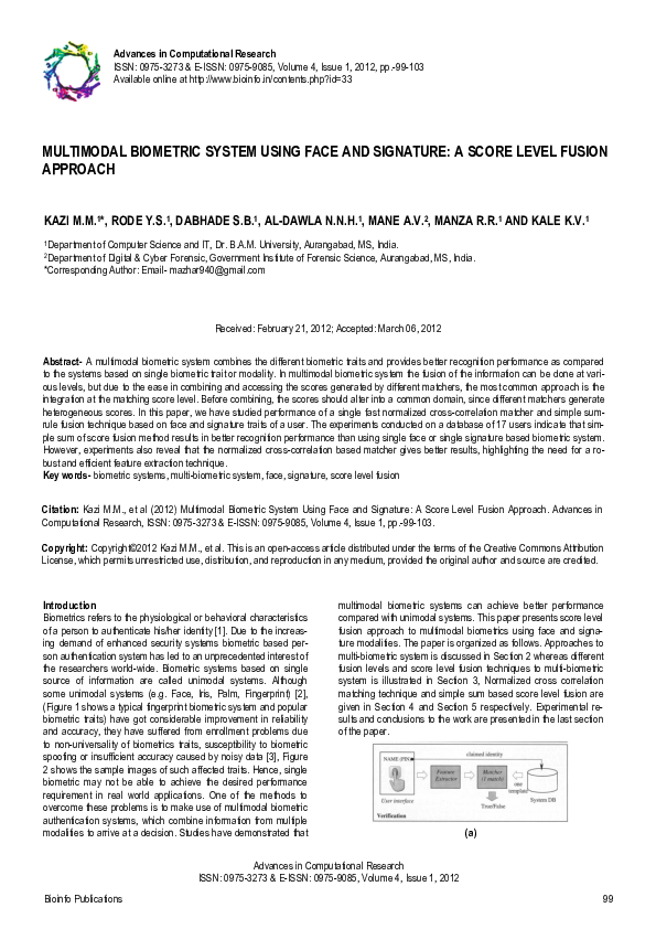 (PDF) Multimodal Biometric System Using Face and Signature: A Score Level Fusion Approach