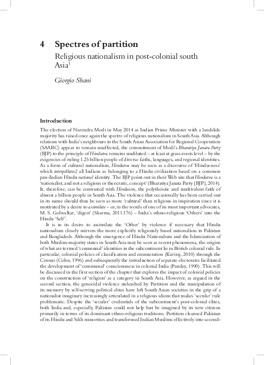 (PDF) 4 Spectres of partition Religious nationalism in post-colonial ...