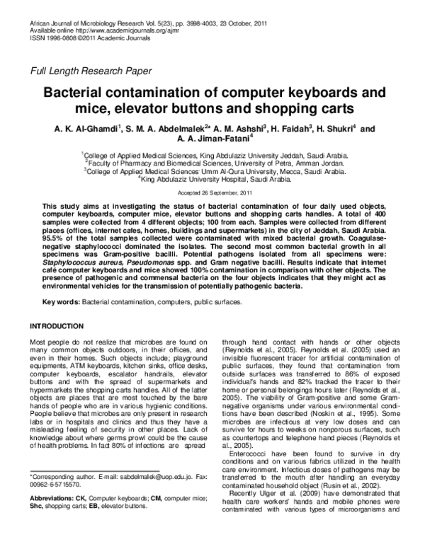 (PDF) Bacterial contamination of computer keyboards and mice, elevator ...