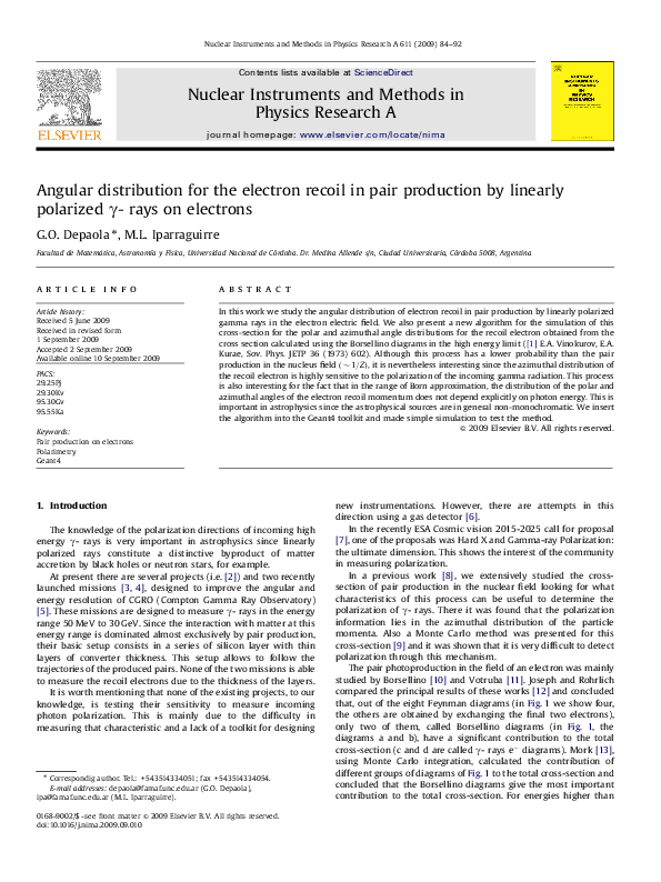 (PDF) Angular distribution for the electron recoil in pair production by linearly polarized γ ...
