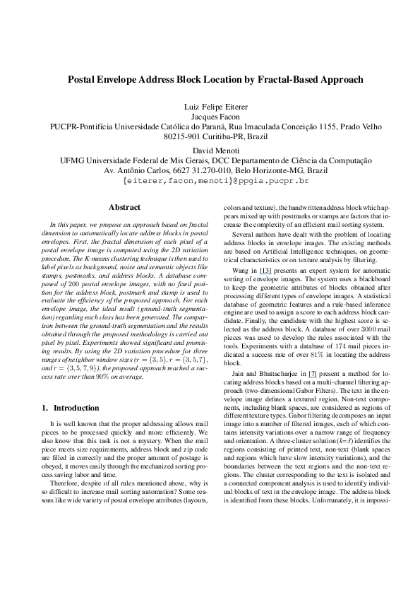 (PDF) Postal envelope address block location by fractal-based approach