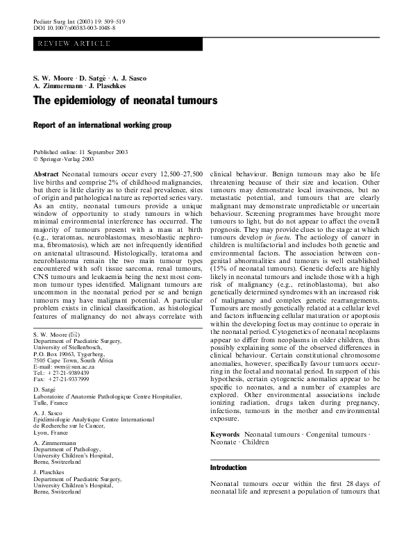(PDF) The epidemiology of neonatal tumours
