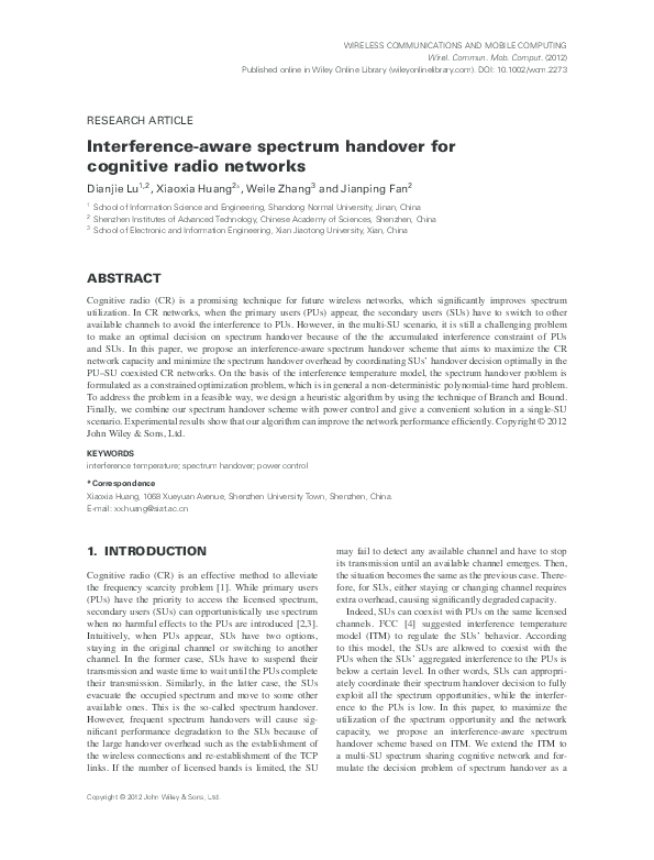 (PDF) Interference-aware spectrum handover for cognitive radio networks