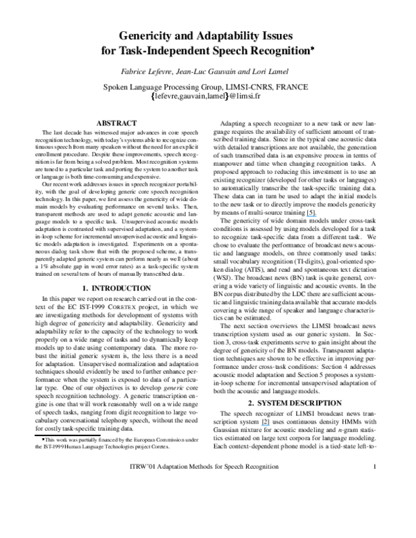 (PDF) Genericity and adaptability issues for task-independent speech recognition