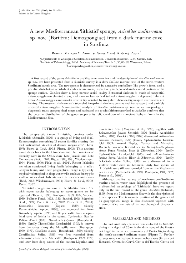(PDF) A new Mediterranean ‘lithistid’ sponge, Aciculites mediterranea ...