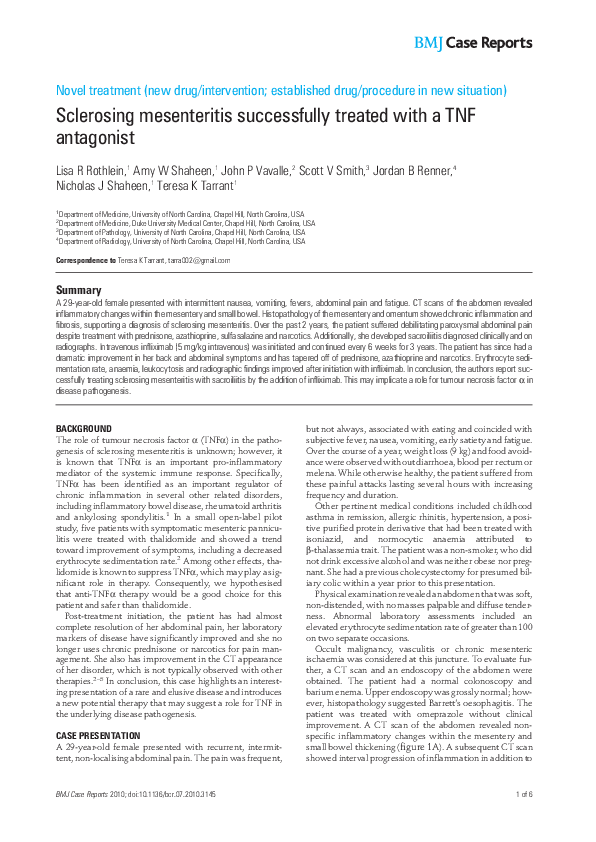 (PDF) Sclerosing mesenteritis successfully treated with a TNF antagonist