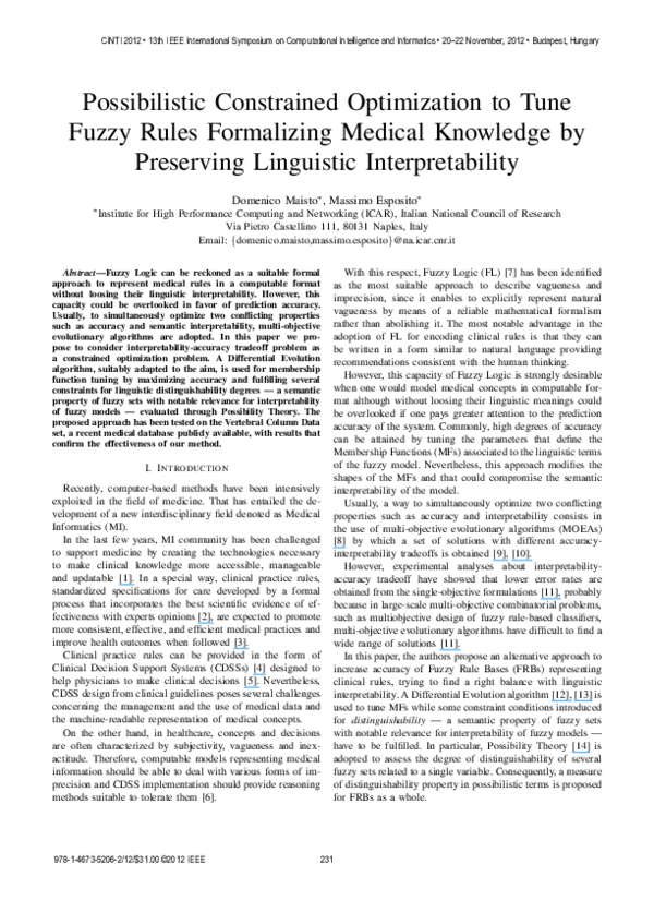 (PDF) Possibilistic constrained optimization to tune fuzzy rules formalizing medical knowledge ...