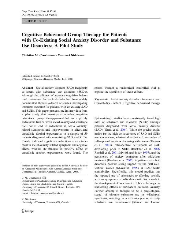 (PDF) Cognitive Behavioral Group Therapy for Patients with Co-Existing Social Anxiety Disorder ...