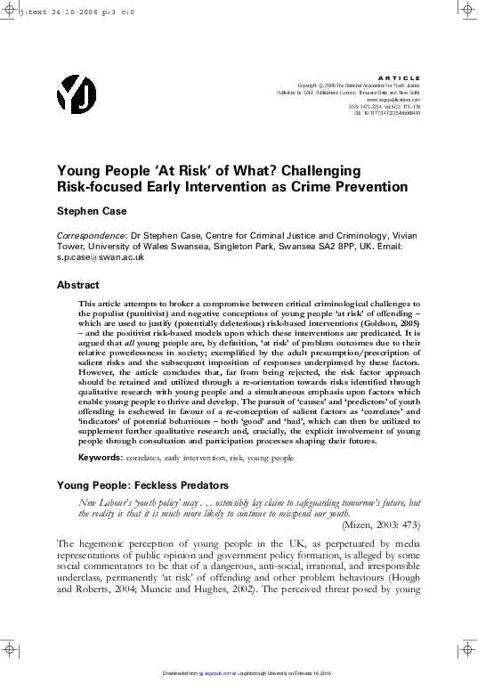 (PDF) Young People 'At Risk' of What? Challenging Risk-focused Early ...
