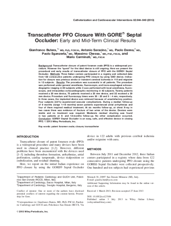 (PDF) Transcatheter PFO closure with GORE ® septal occluder: Early and ...
