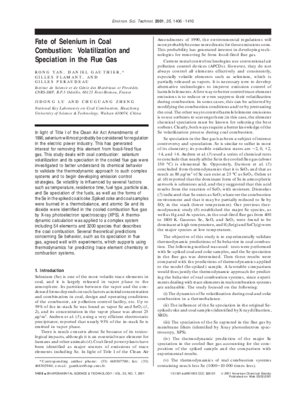 (PDF) Fate of Selenium in Coal Combustion: Volatilization and ...