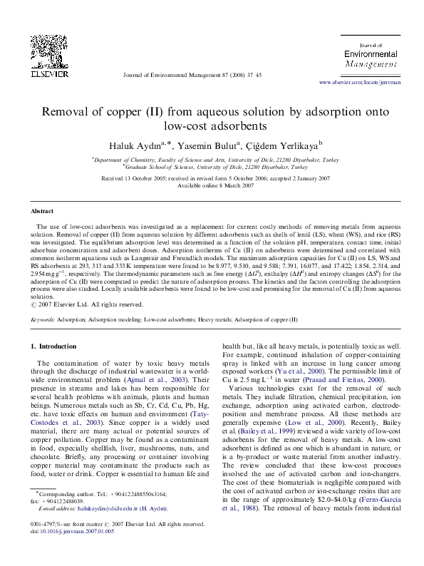 (PDF) Removal of copper (II) from aqueous solution by adsorption onto low-cost adsorbents