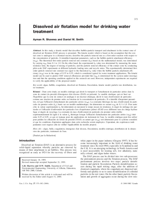(PDF) Dissolved air flotation model for drinking water treatment