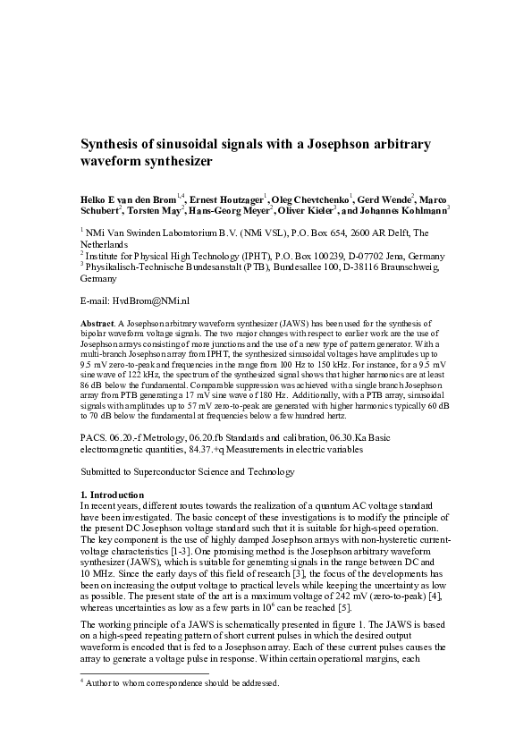 (PDF) Synthesis of sinusoidal signals with a Josephson arbitrary waveform synthesizer