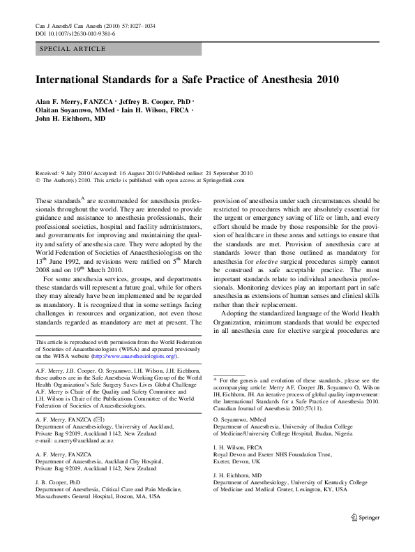 (PDF) International Standards for a Safe Practice of Anesthesia 2010