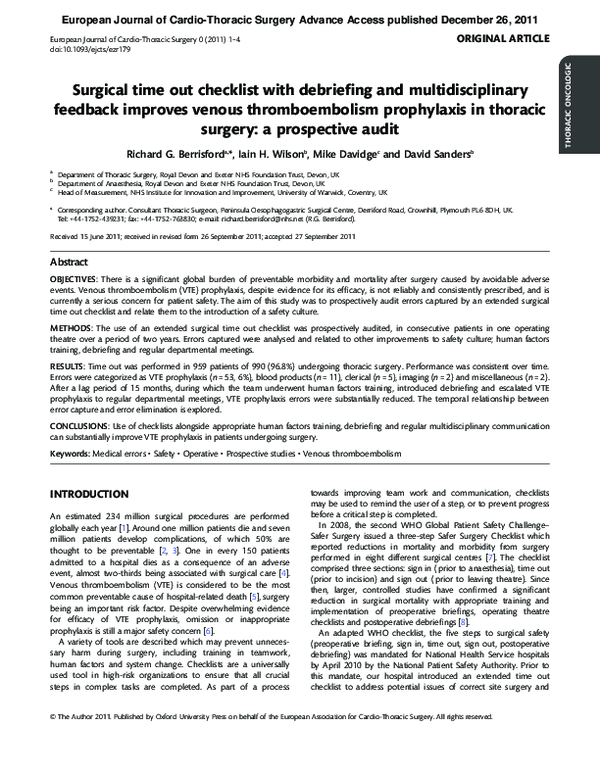 (PDF) Surgical time out checklist with debriefing and multidisciplinary ...