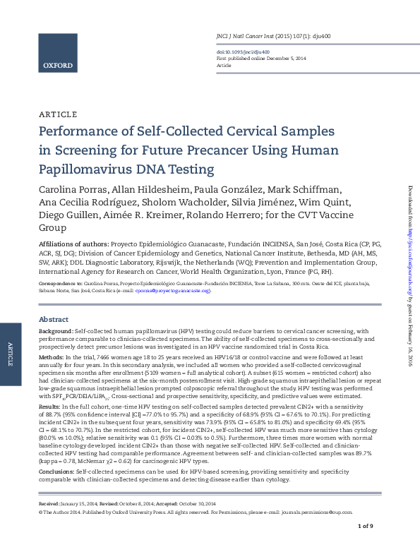 (PDF) Performance of self-collected cervical samples in screening for ...