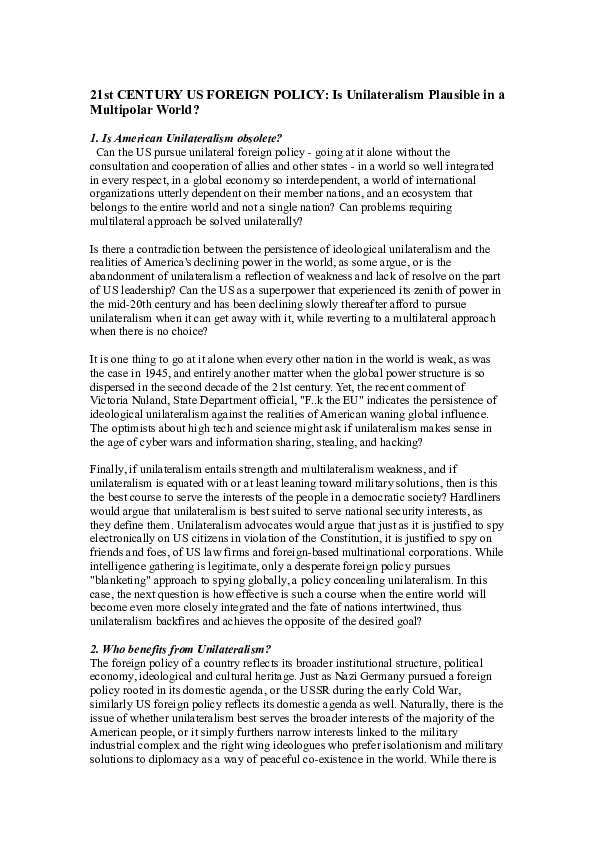 (DOC) 21st CENTURY US FOREIGN POLICY: Is Unilateralism Plausible in a ...