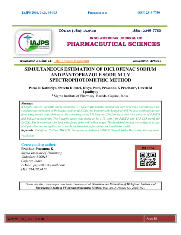 Pdf Simultaneous Estimation Of Diclofenac Sodium And Pantoprazole Sodium Uv Spectrophotometric