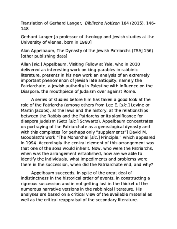 (DOC) Langer review of Dynasty of the Jewish Patriarchs, translated