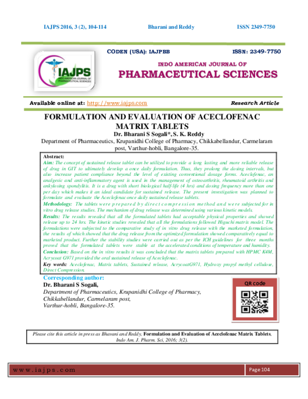 Pdf Formulation And Evaluation Of Aceclofenac Matrix Tablets