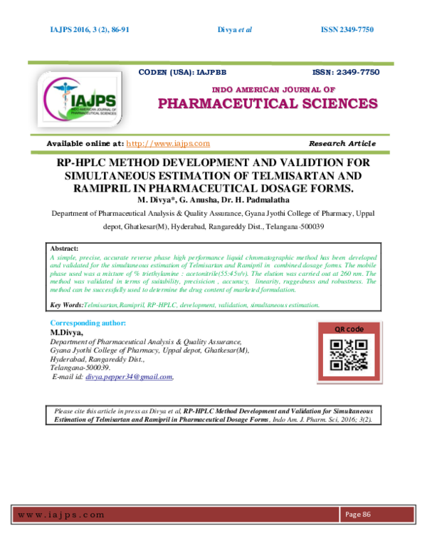 (PDF) RP-HPLC METHOD DEVELOPMENT AND VALIDTION FOR SIMULTANEOUS ESTIMATION OF TELMISARTAN AND ...