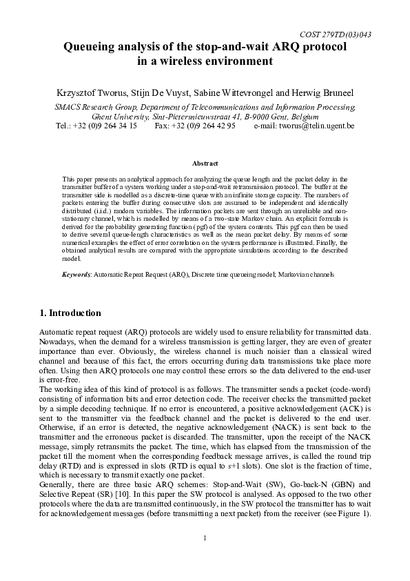 Pdf Queueing Analysis Of The Stop And Wait Arq Protocol In A Wireless Environment