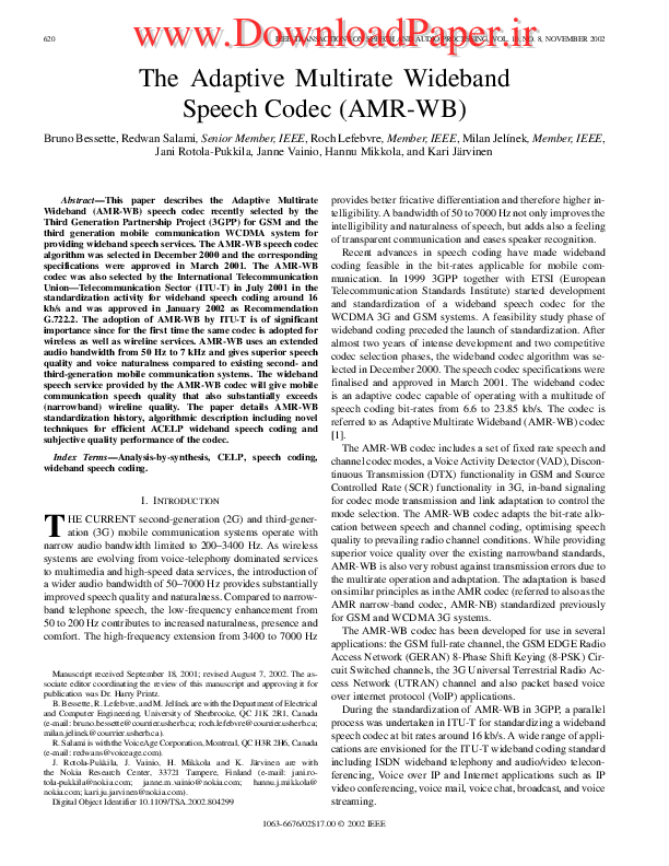 Pdf The Adaptive Multirate Wideband Speech Codec Amr Wb