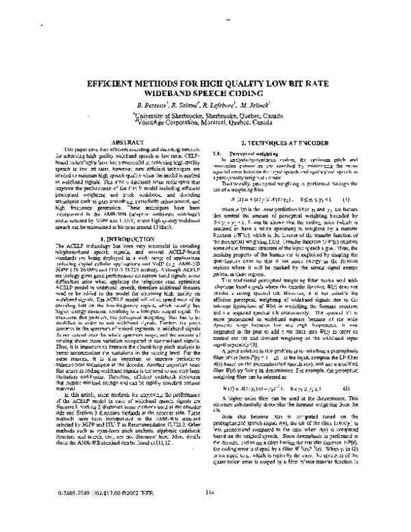 (PDF) Efficient methods for high quality low bit rate wideband speech coding