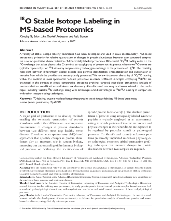 (PDF) 18O Stable Isotope Labeling in MS-based Proteomics