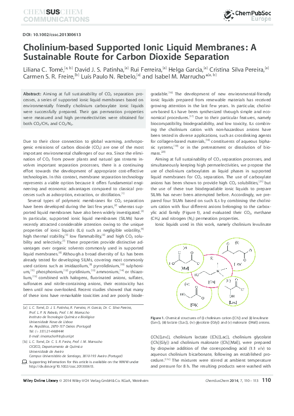 (PDF) Cholinium-based Supported Ionic Liquid Membranes: A Sustainable ...