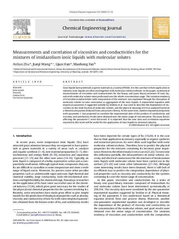 (PDF) Measurements and correlation of viscosities and conductivities for the mixtures of ...