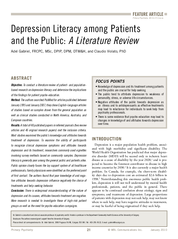 (PDF) Depression Literacy among Patients and the Public: A Literature ...