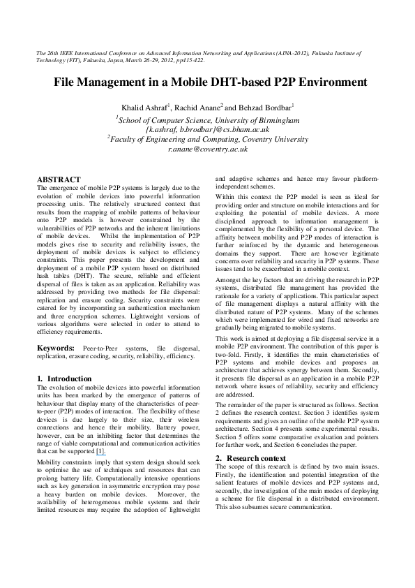 (PDF) File Management in a Mobile DHT-based P2P Environment | Rachid Anane - Academia.edu