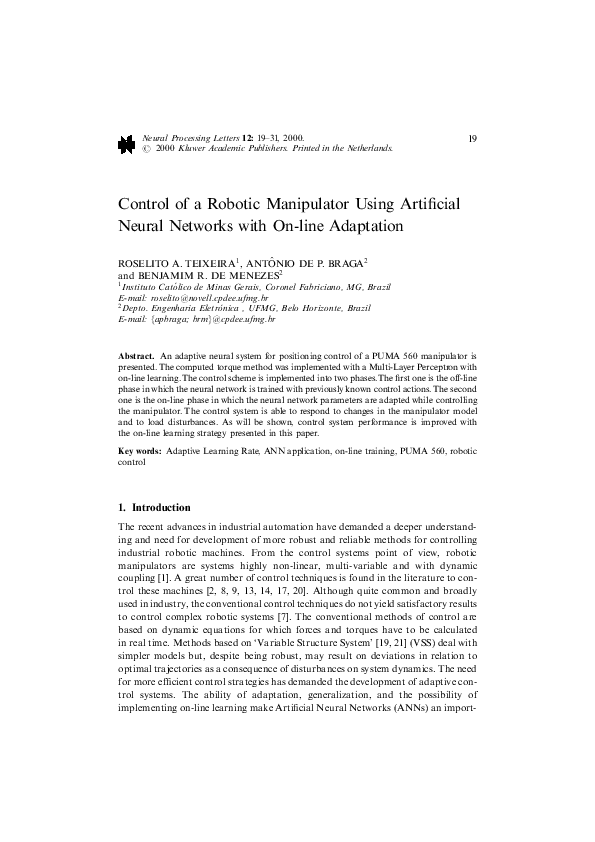 (PDF) Control of a robotic manipulator using artificial neural networks with on-line adaptation