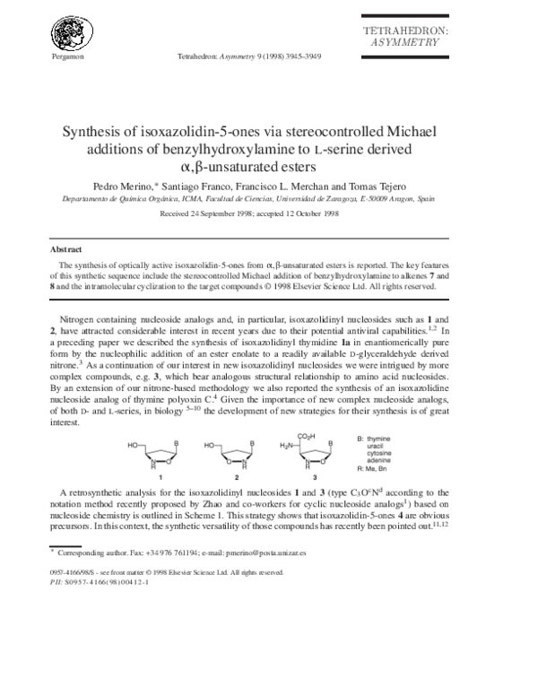 (PDF) Synthesis of isoxazolidin-5-ones via stereocontrolled Michael ...