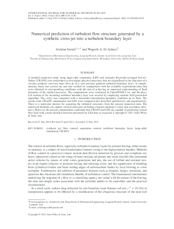 (PDF) Numerical prediction of turbulent flow structure generated by a synthetic cross-jet into a ...