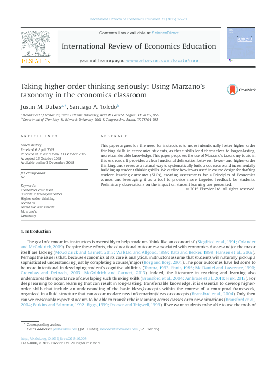 (PDF) Taking higher order thinking seriously: Using Marzano’s taxonomy ...