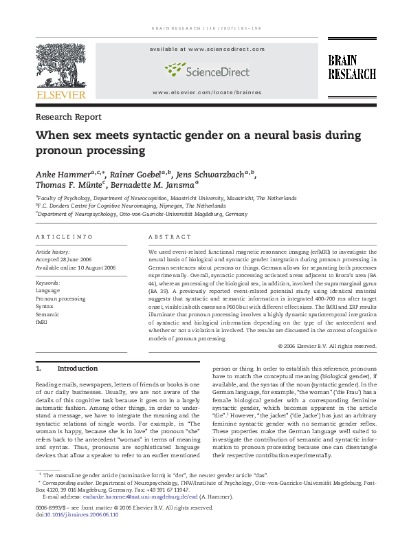 Pdf When Sex Meets Syntactic Gender On A Neural Basis During Pronoun Processing 