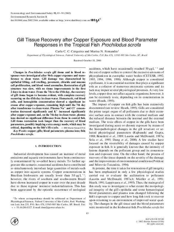 (PDF) Gill Tissue Recovery after Copper Exposure and Blood Parameter ...