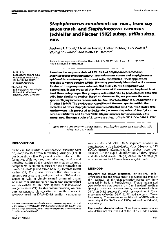 (PDF) Staphylococcus condimenti sp. nov., from soy sauce mash, and ...