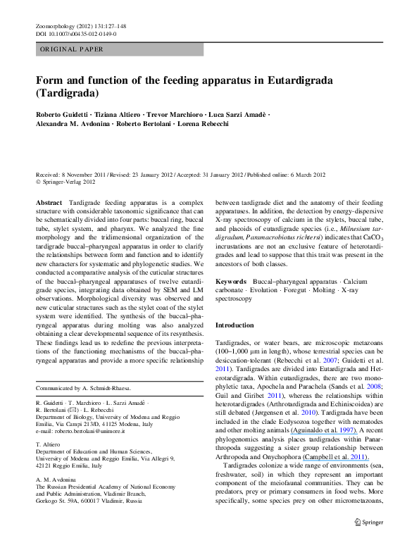 (PDF) Form and function of the feeding apparatus in Eutardigrada ...