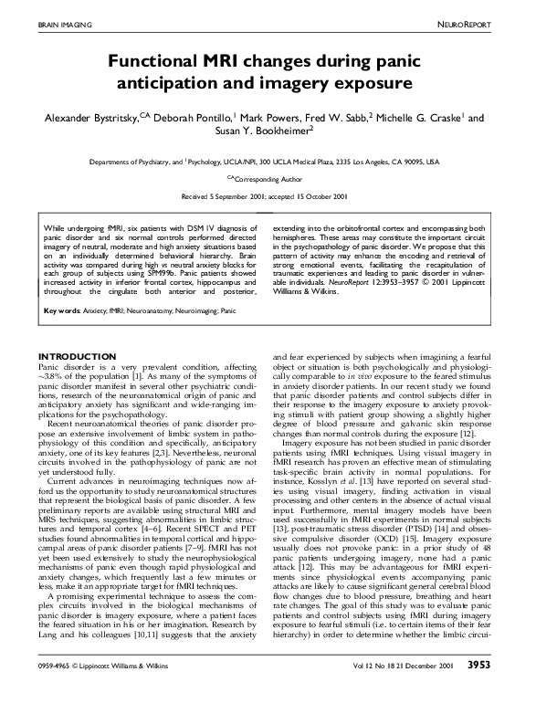(PDF) Functional MRI changes during panic anticipation and imagery exposure