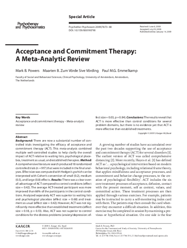 Pdf Acceptance And Commitment Therapy A Meta Analytic Review