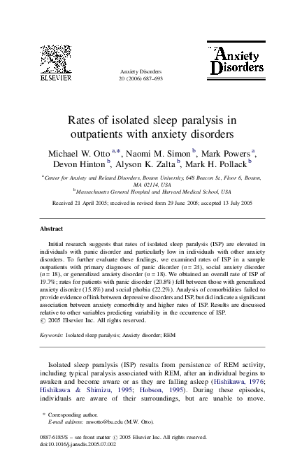 (PDF) Rates of isolated sleep paralysis in outpatients with anxiety ...