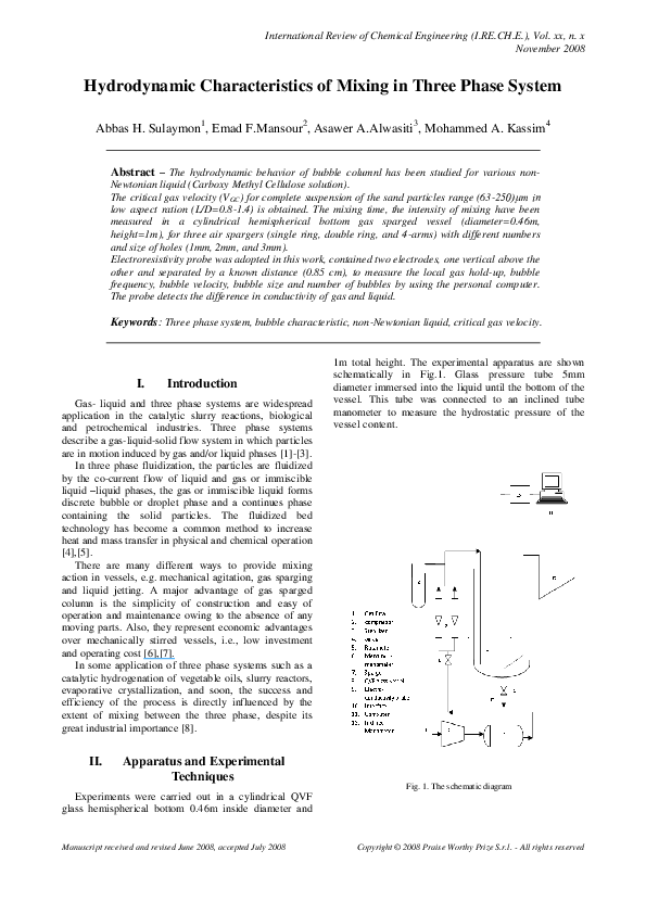 Pdf Hydrodynamic Characteristics Of Mixing In Three Phase System